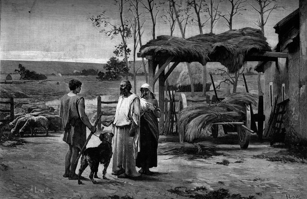 Bibliai jelenet: „Jákób Lábánnál”. Metszet Henry Lerolle Henry (1848 ...