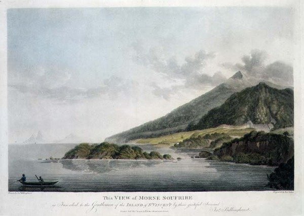 Kilátás a Morne Soufrire-re a St. Vincent-szigeten, gravírozott és ...